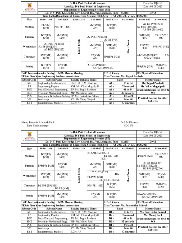 FE Timetable Sem-I AY 2023-24 W e F 25.09.23 Updated | PDF | Physics ...