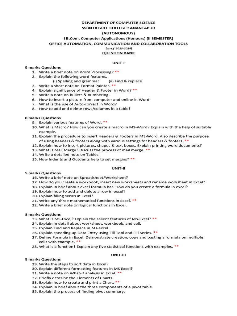 Office Automation Tools Question Bank | PDF | Microsoft Excel | Spreadsheet