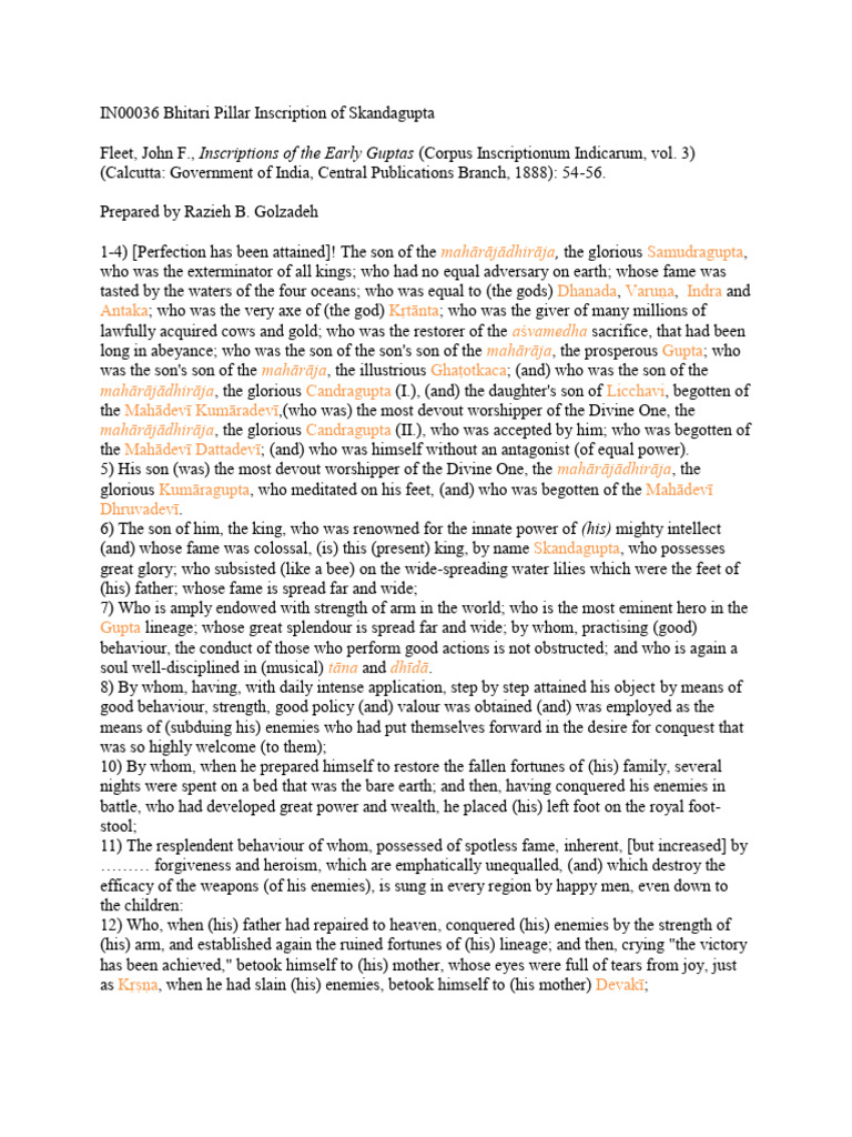 Skandagupta's Bhitari Pillar Inscription | PDF