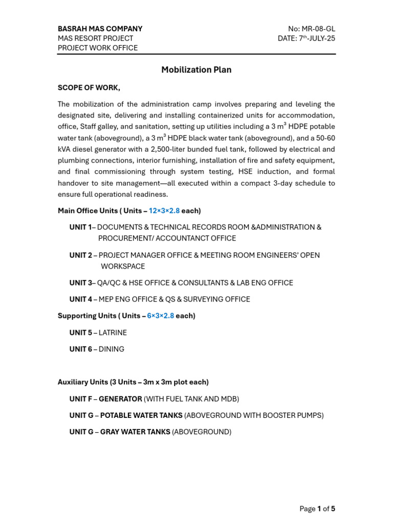 Site Work Office Plan & Mobilization Plan - BoQ Details - 7th - July ...