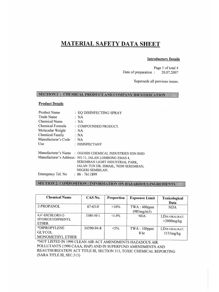 MSDS (Disinfecting Spray) | PDF
