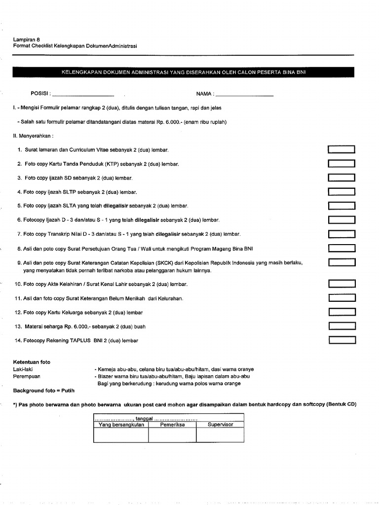 Checklist Kelengkapan Dokumen Administrasi - Bina BNI | PDF