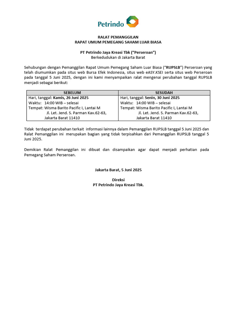 Surat Ralat PJK Panggilan RUPS 5 Juni 2025 in | PDF