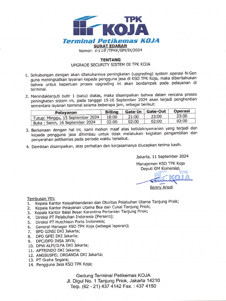 Surat Edaran Terkait Upgrade Sistem Di TPK Koja | PDF