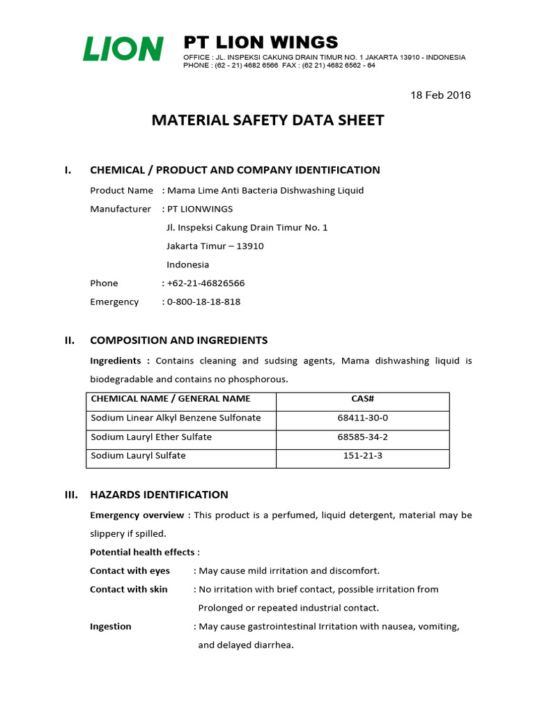 MSDS DW Lime Anti Bacteria | PDF | Firefighting | Dangerous Goods