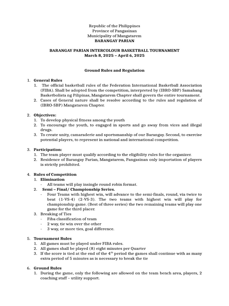 Parian Basketball Tournament Rules | PDF | Sports Rules And Regulations ...