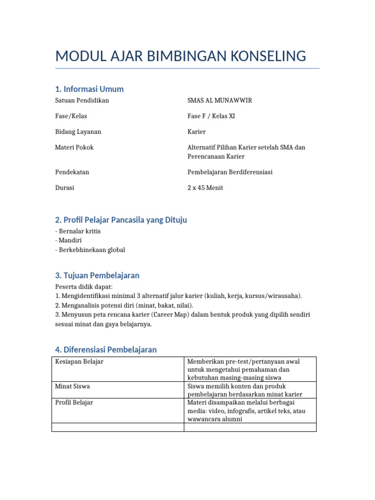Modul Ajar BK Pendekatan Berdiferensiasi | PDF