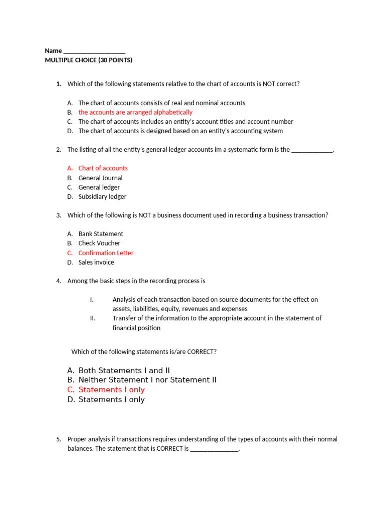 Accounting Basics: Chart of Accounts Quiz | PDF | Debits And Credits ...