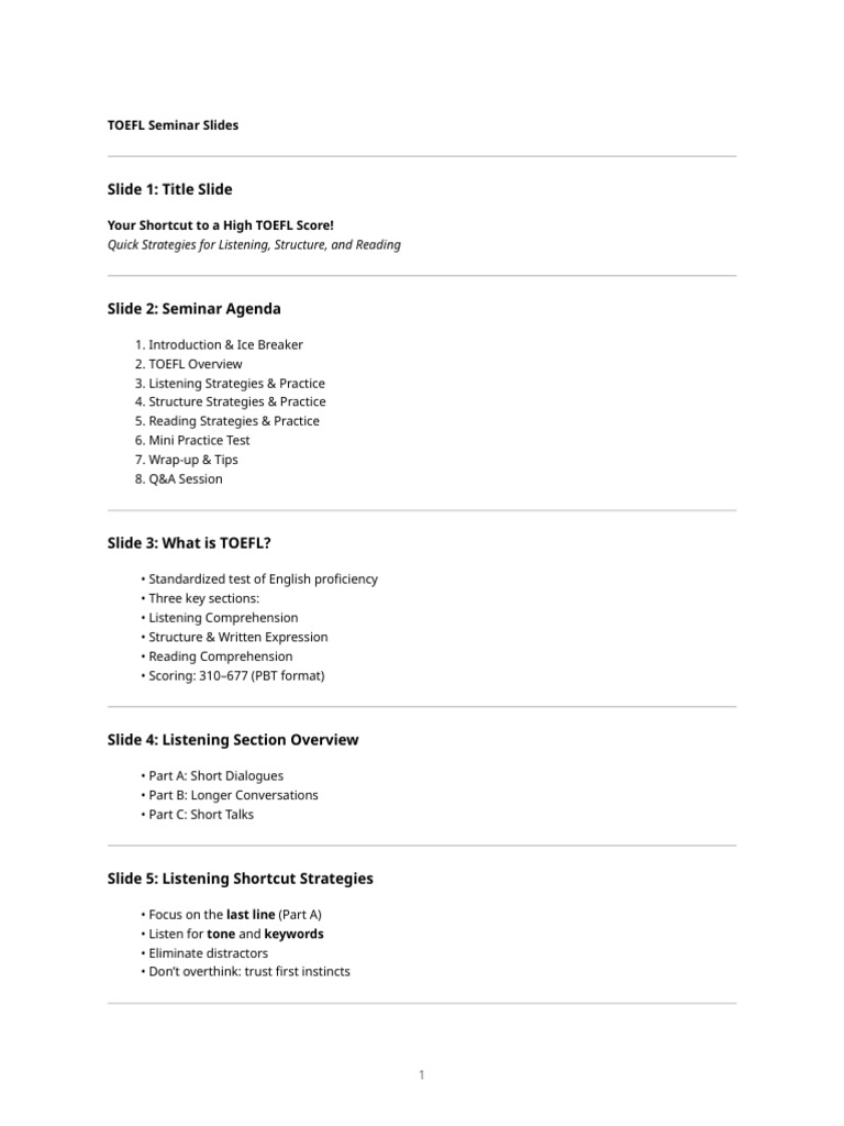 TOEFL Seminar: Strategies & Practice | PDF | Test Of English As A ...