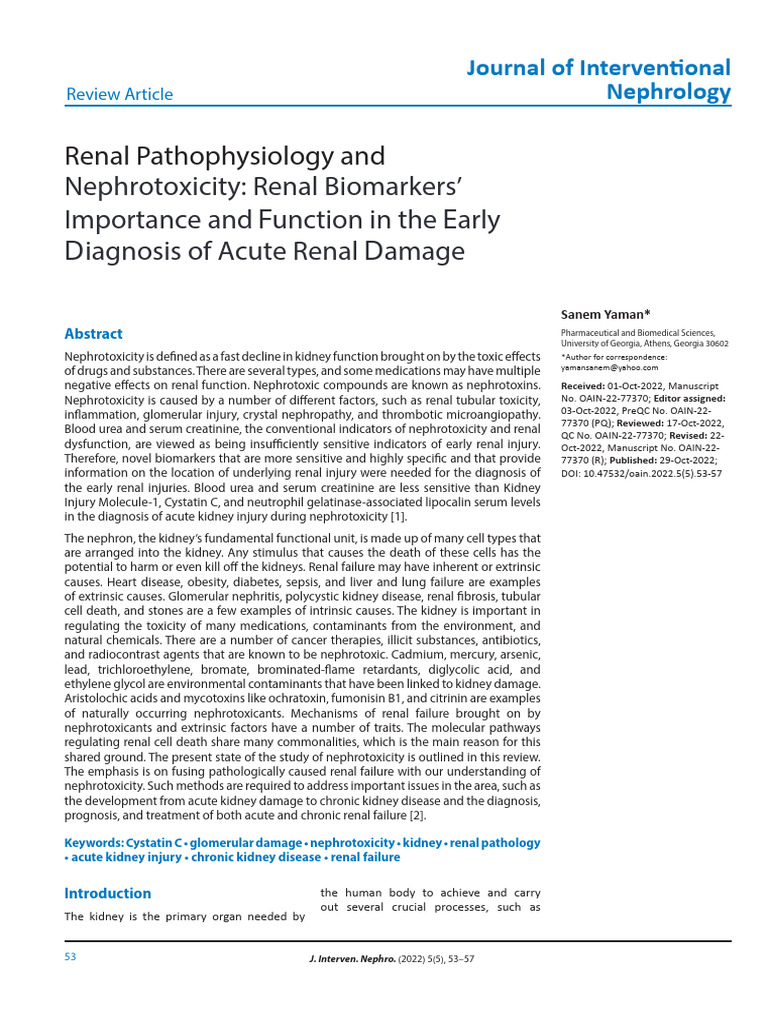 Renal Pathophysiology and Nephrotoxicity Renal Biomarkers Importance ...