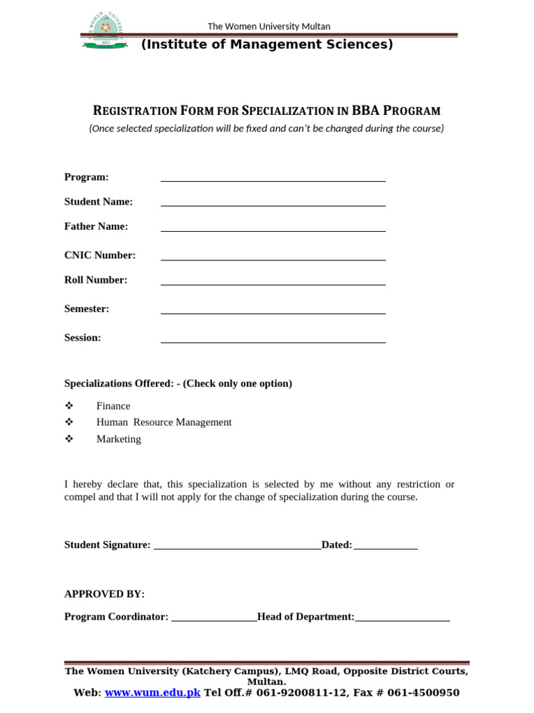 BBA Specialization Registration Form | PDF