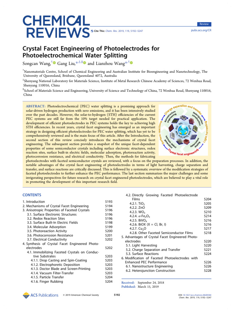 Wang Et Al 2019 Crystal Facet Engineering of Photoelectrodes For ...