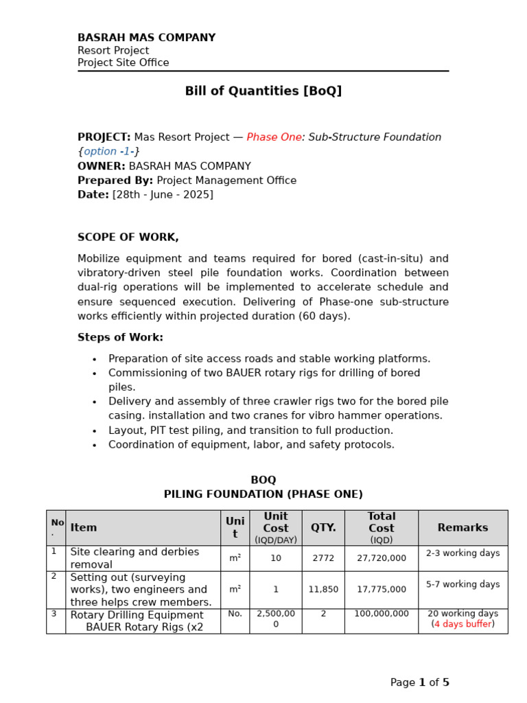 BoQ (Piling Construction Plan) Filled | PDF | Deep Foundation ...