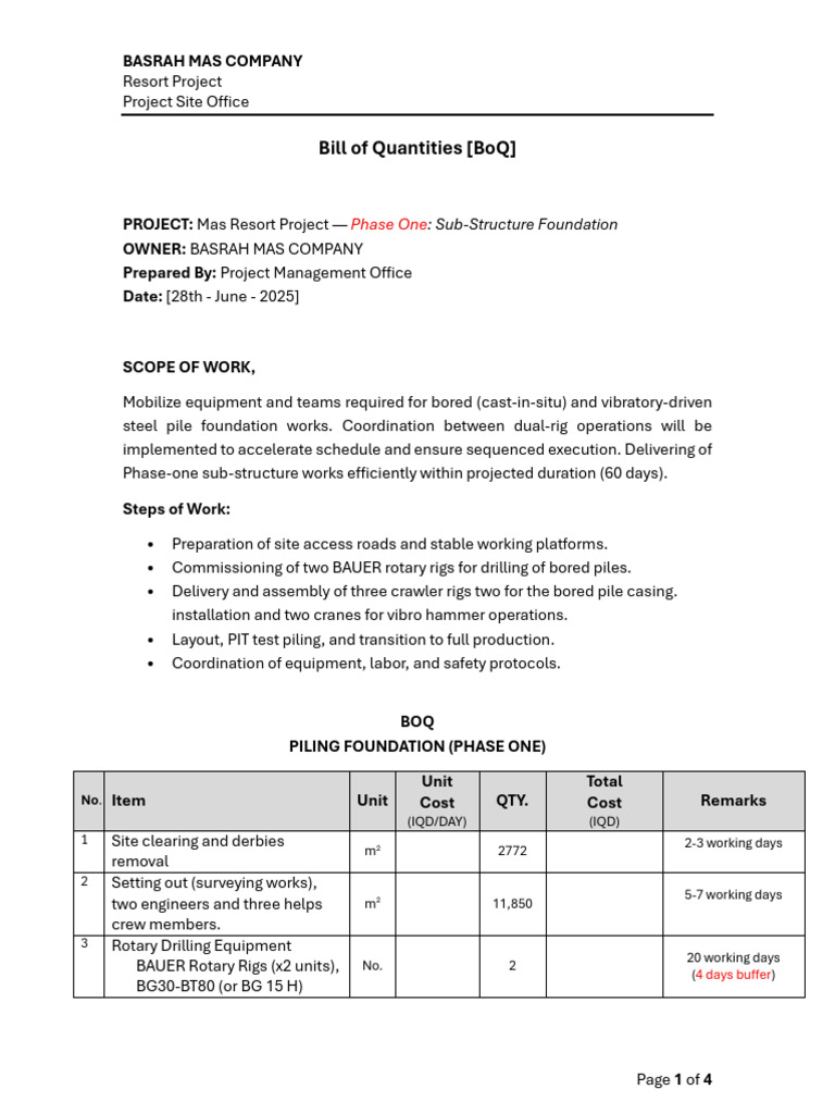 BoQ (Piling Construction Plan) | PDF | Deep Foundation | Mechanical ...