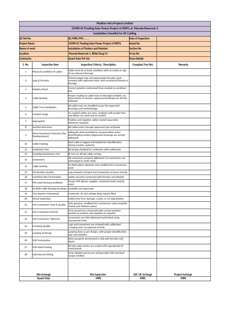DC Cabling Inspection Checklist Final | PDF | Electrical Connector ...