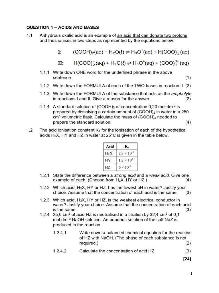 Grade 11 Acids and Bases Questions | PDF