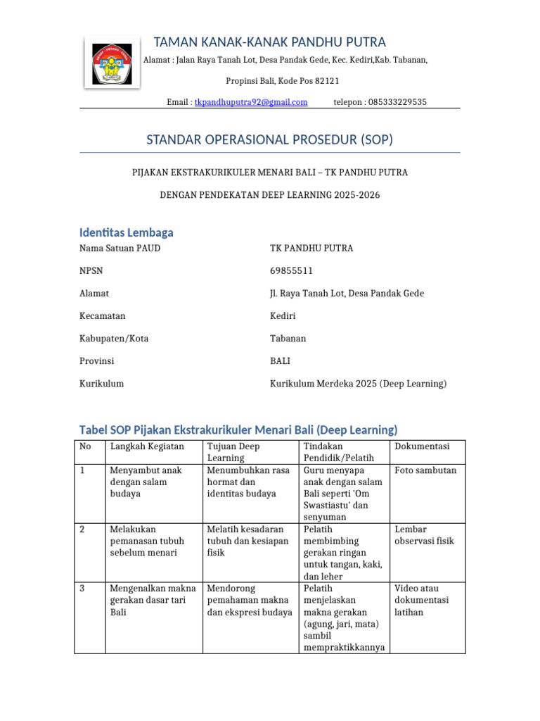 SOP Ekstrakurikuler Menari Bali TK (2025-2026) | PDF