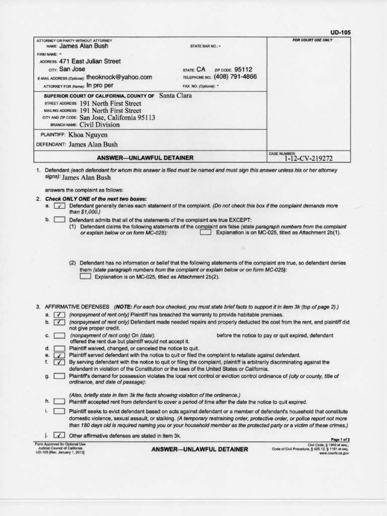 Answer to Complaint for Unlawful Detainer