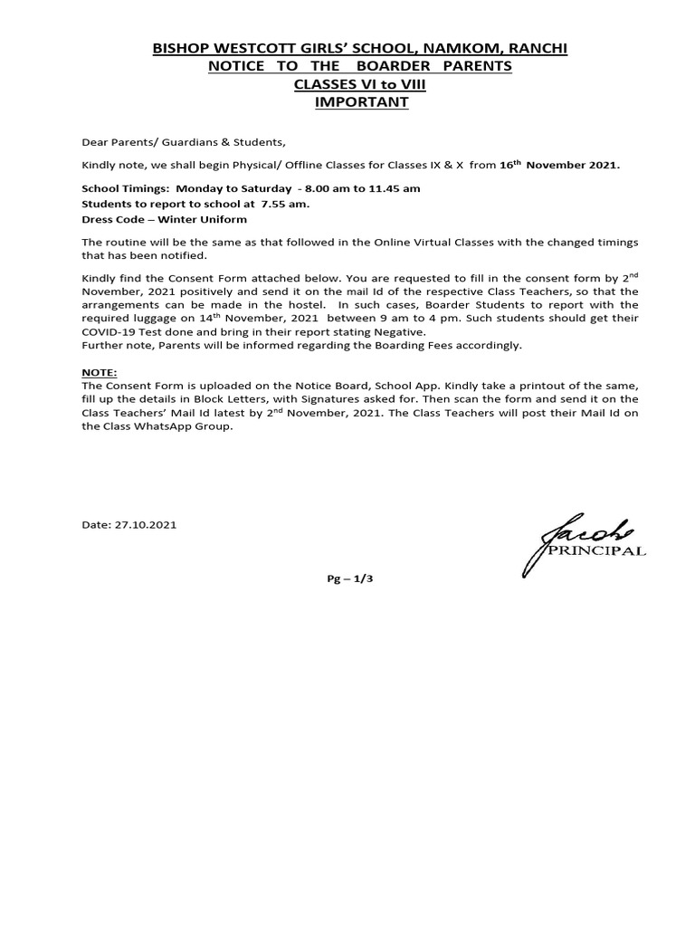 Important Notice Regarding Offline Classes and Consent Form Dt. 27.10 ...