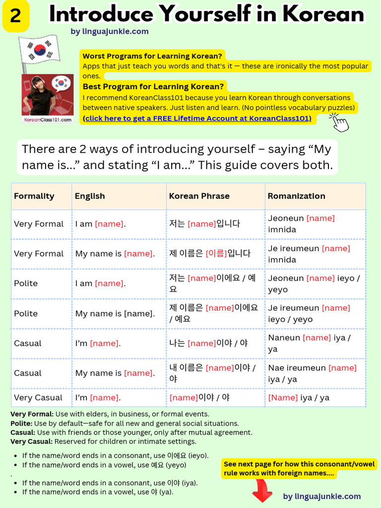 Korean Self Introduction Phrases Cheat Sheet | PDF | Languages Of Asia ...
