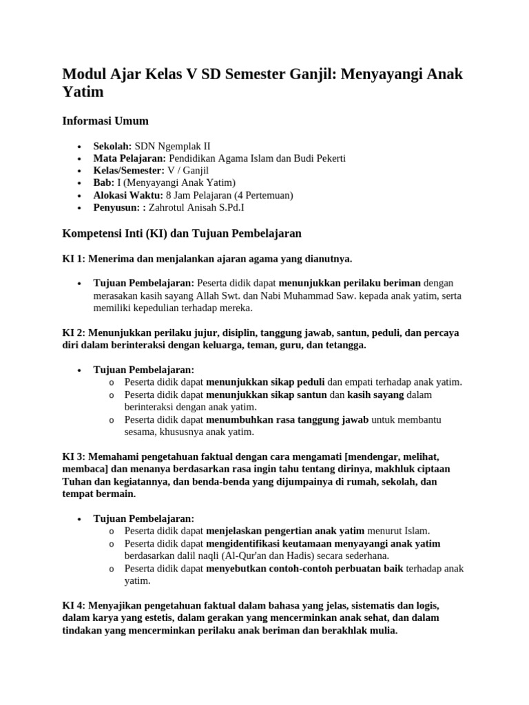 Modul Ajar Kelas V SD Semester Ganjil B.anis Fiks | PDF