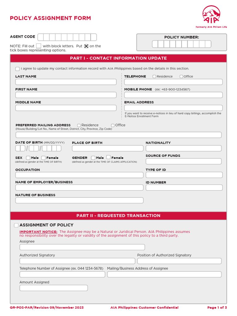 28-AIAP - Policy Assignment Form (P1-3) Copy7!24!24 | PDF | Insurance ...