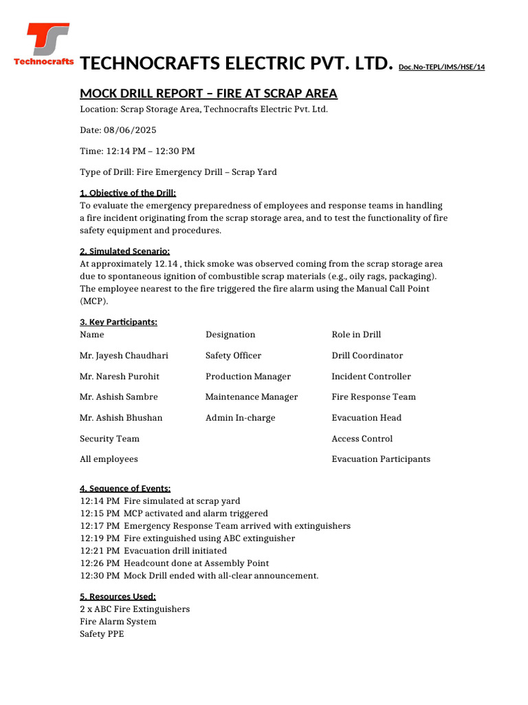 Mock Drill Report Technocrafts | PDF | Safety