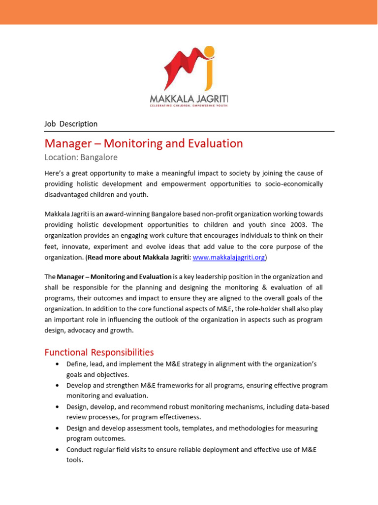 JD - Makkala Jagriti - Monitoring and Evaluation (0225) | PDF | Evaluation | Data Management