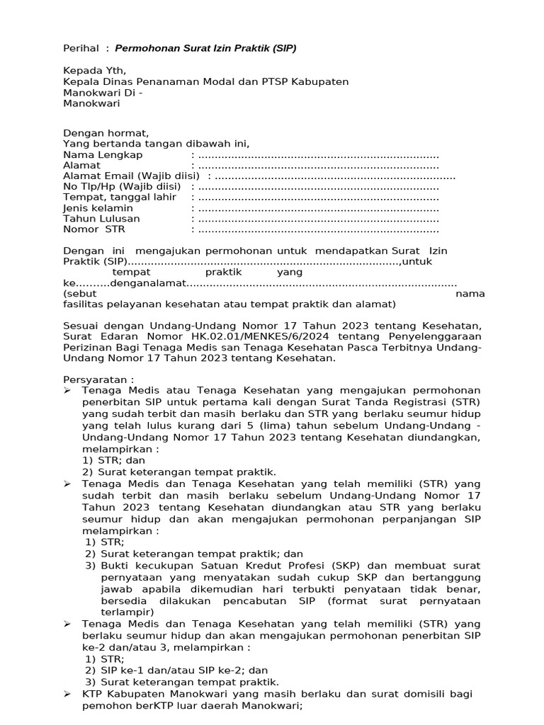Formulir Permohonan Sip Tenaga Medis Dan Tenaga Kesehatan | PDF