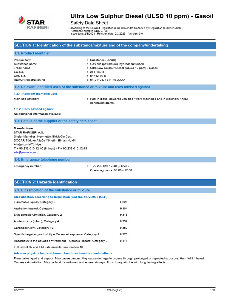 Sds en Ultra Low Sulphur Diesel Ulsd 10 PPM Gasoil Safety Data Sheet ...
