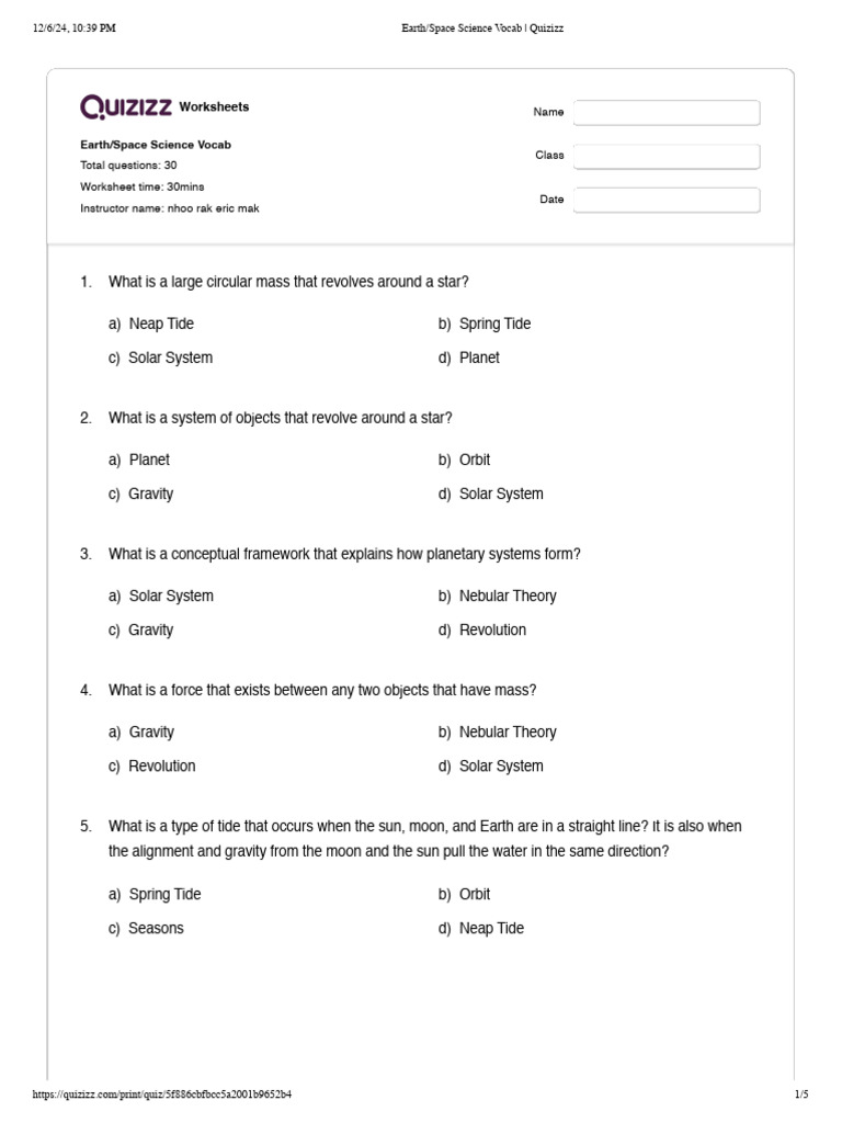 Earth/Space Science Vocabulary Quiz | PDF | Moon | Solar System