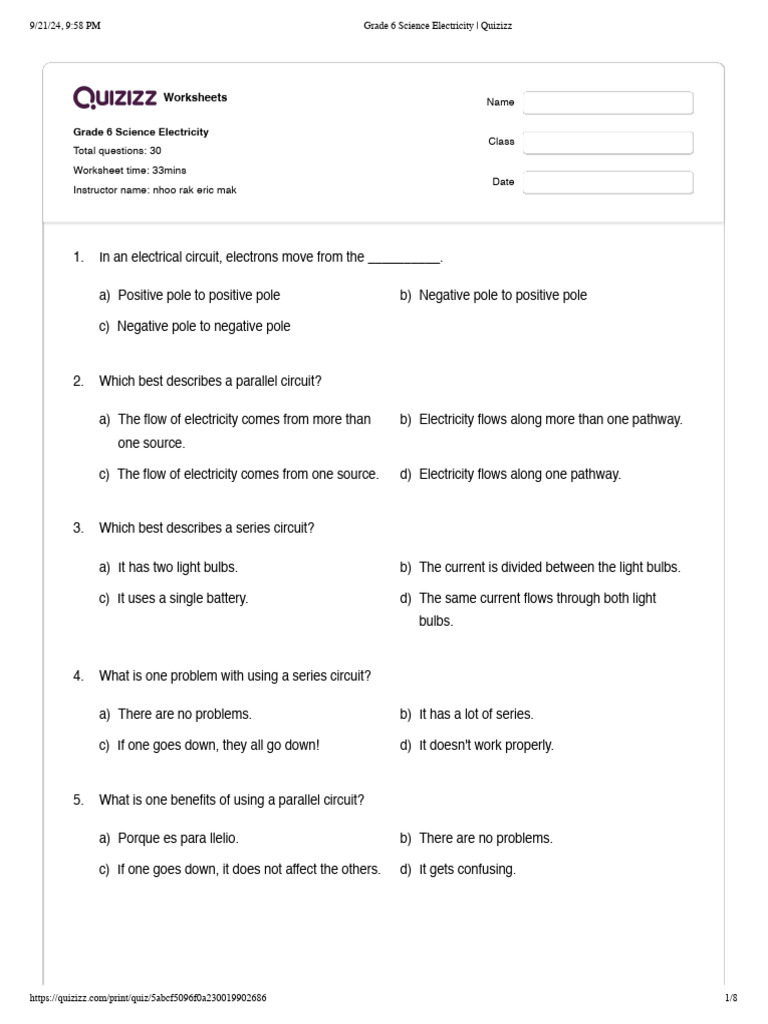 Grade 6 Science Electricity | PDF | Electricity | Series And Parallel ...
