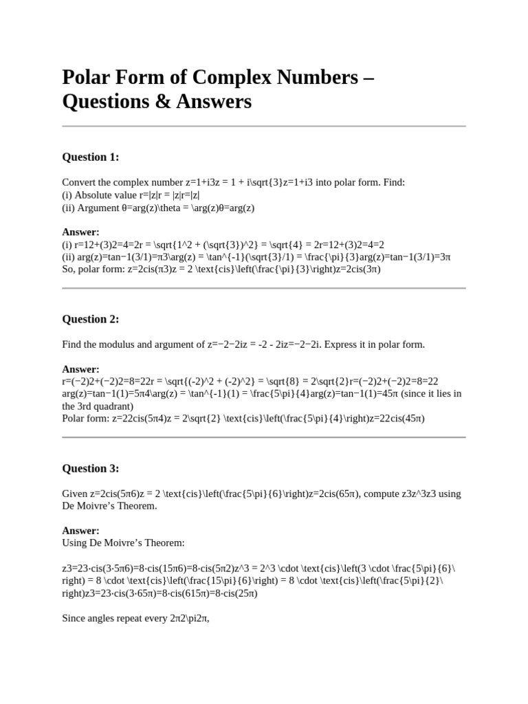 Polar Form of Complex Numbers Explained | PDF | Complex Number ...