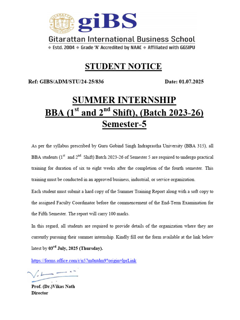 Summer Internship Details for BBA Students | PDF