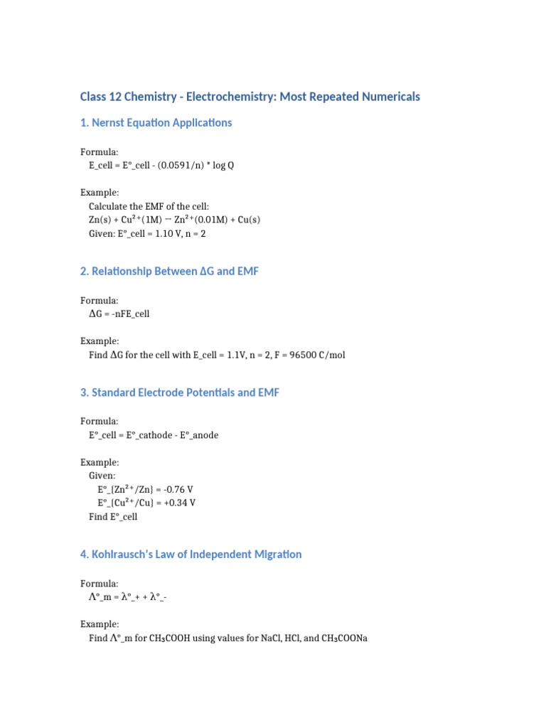 Class 12 Electrochemistry Numericals | PDF