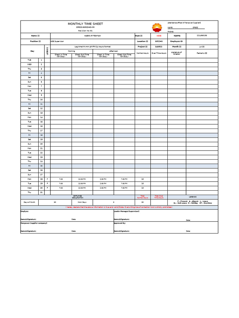 HSE Personal Time Sheets-July-2025 | PDF | Labor Relations | Social Policy