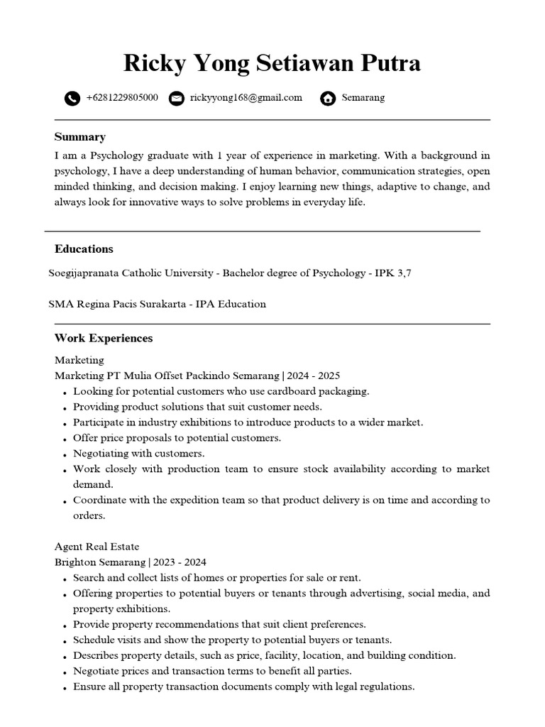 CV Ricky Yong Setiawan Putra-1 | PDF | Psychology | Behavioural Sciences