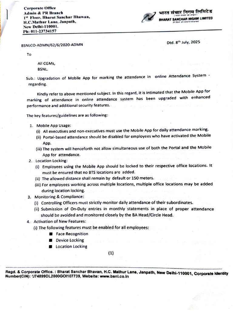 Letter Regarding Upgradation of Mobile App For Marking The Attendance ...