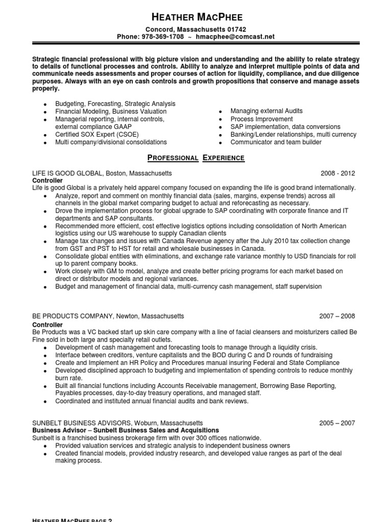 Controller Accounting Director in Boston MA Resume Heather MacPhee ...