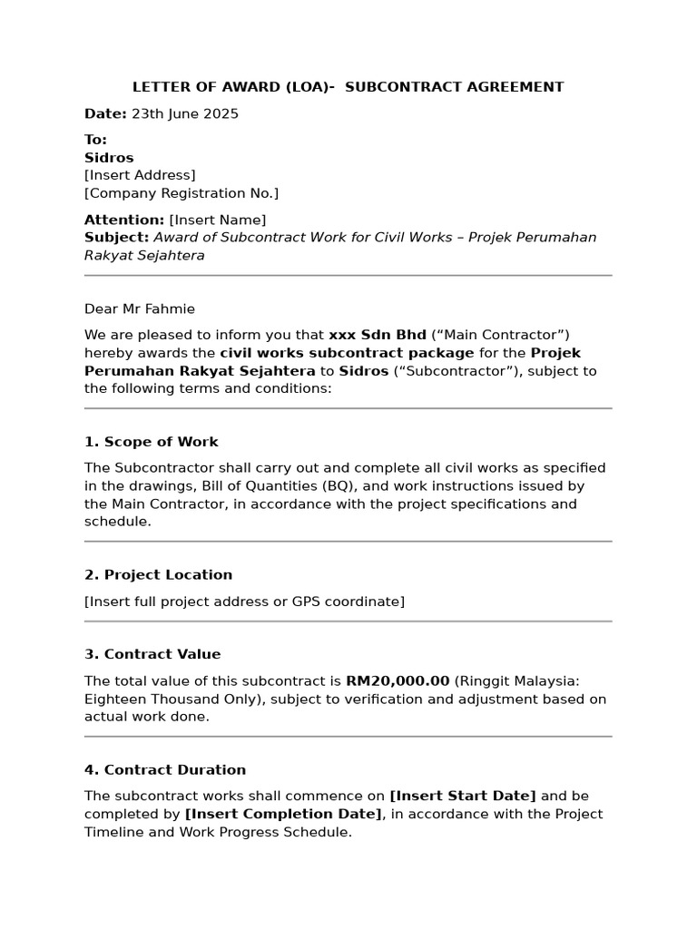 LOA - Subcon Agreement (Civil) - PPRS 2025 | PDF | Subcontractor | General Contractor