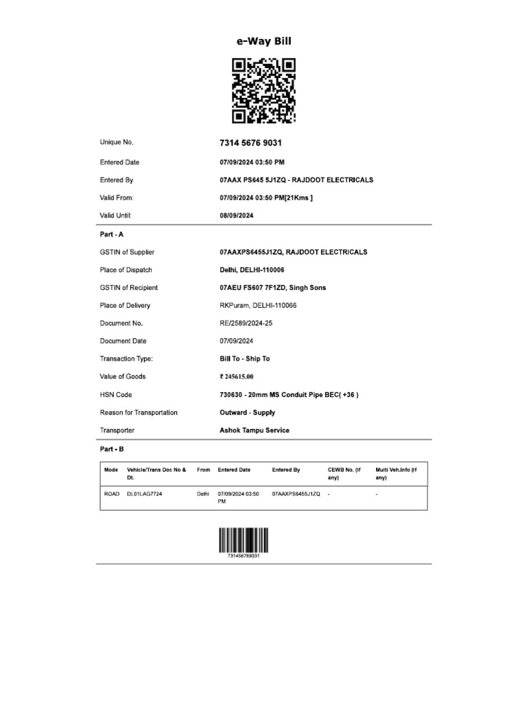 EWay Bill 2589 | PDF