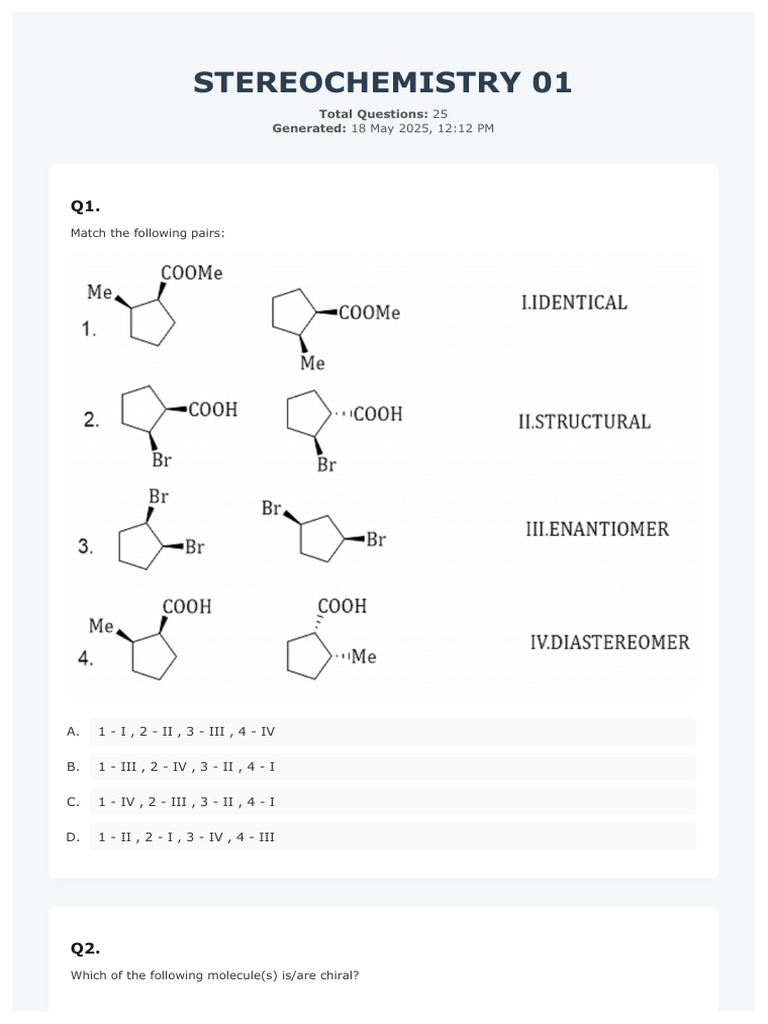 Stereochemistry 01 Without Answers | PDF | Chirality (Chemistry) | Space