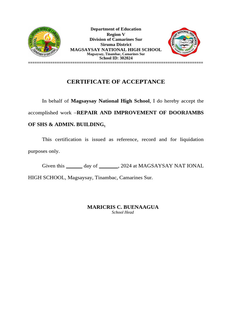 Certificate of Acceptance | PDF