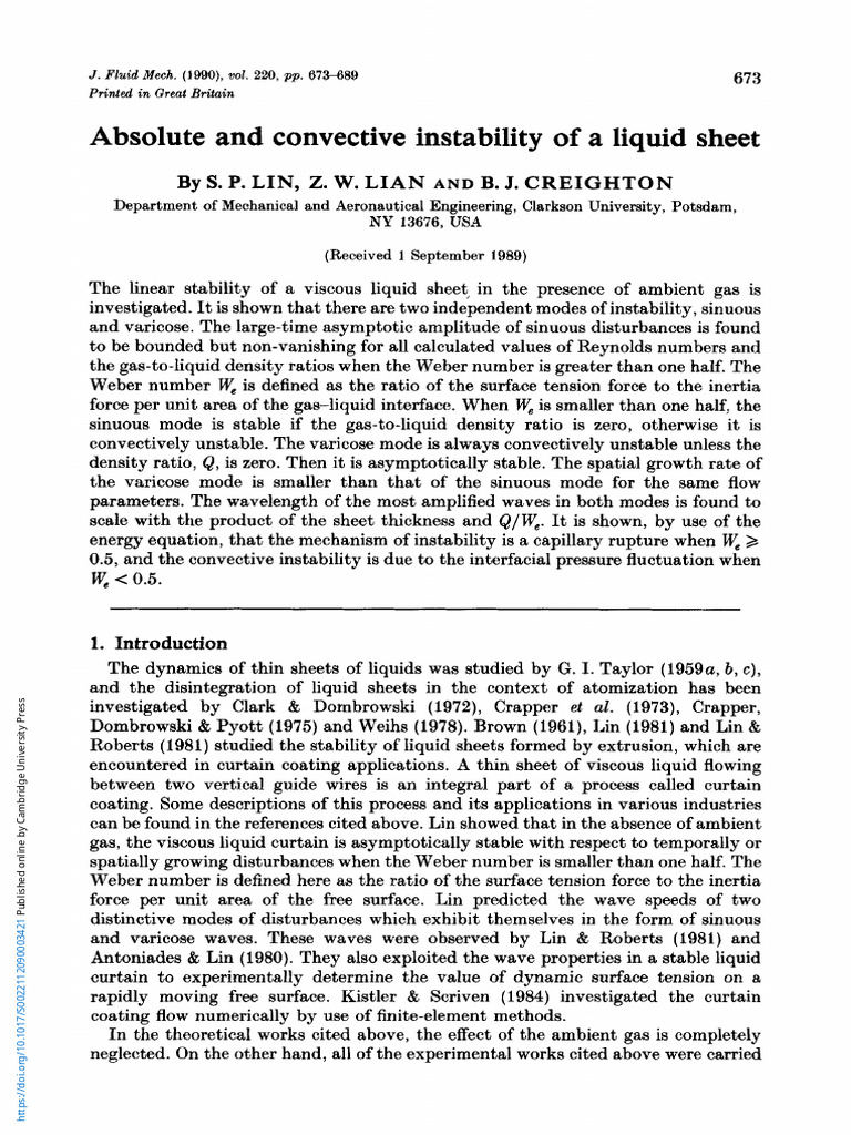 Absolute and Convective Instability of A Liquid Sheet | PDF | Convection | Fluid Dynamics