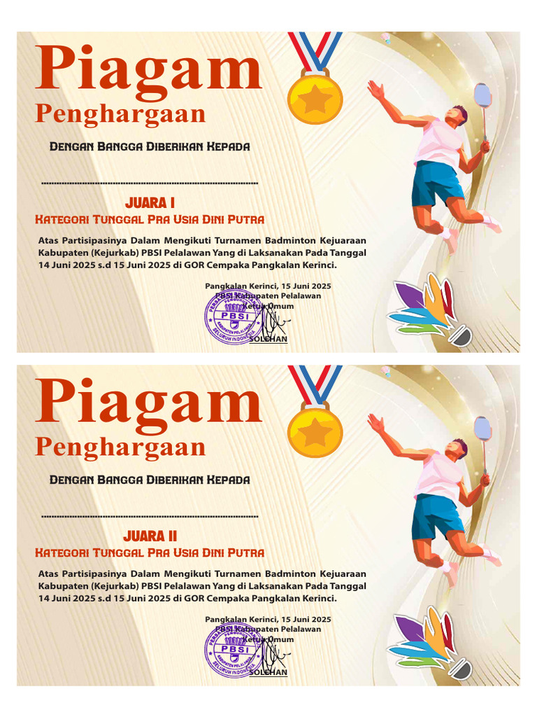 Piagam Juara Turnamen Badminton 2025 | PDF