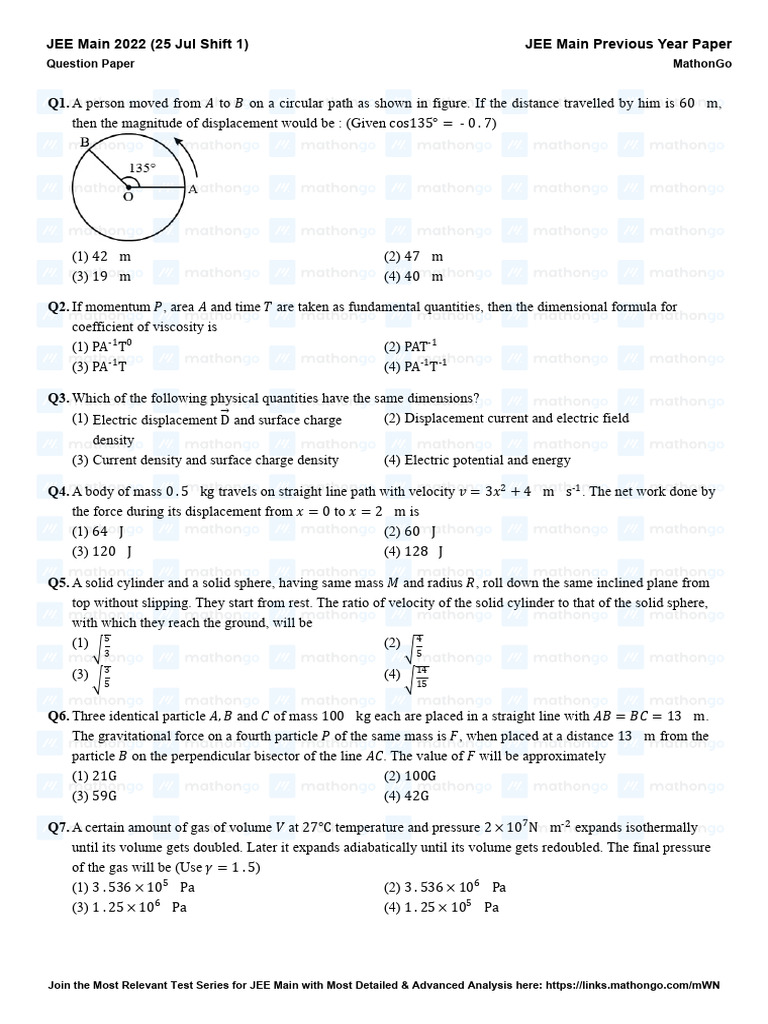 JEE Main 2022 Physics Question Paper | PDF | Gases | Light