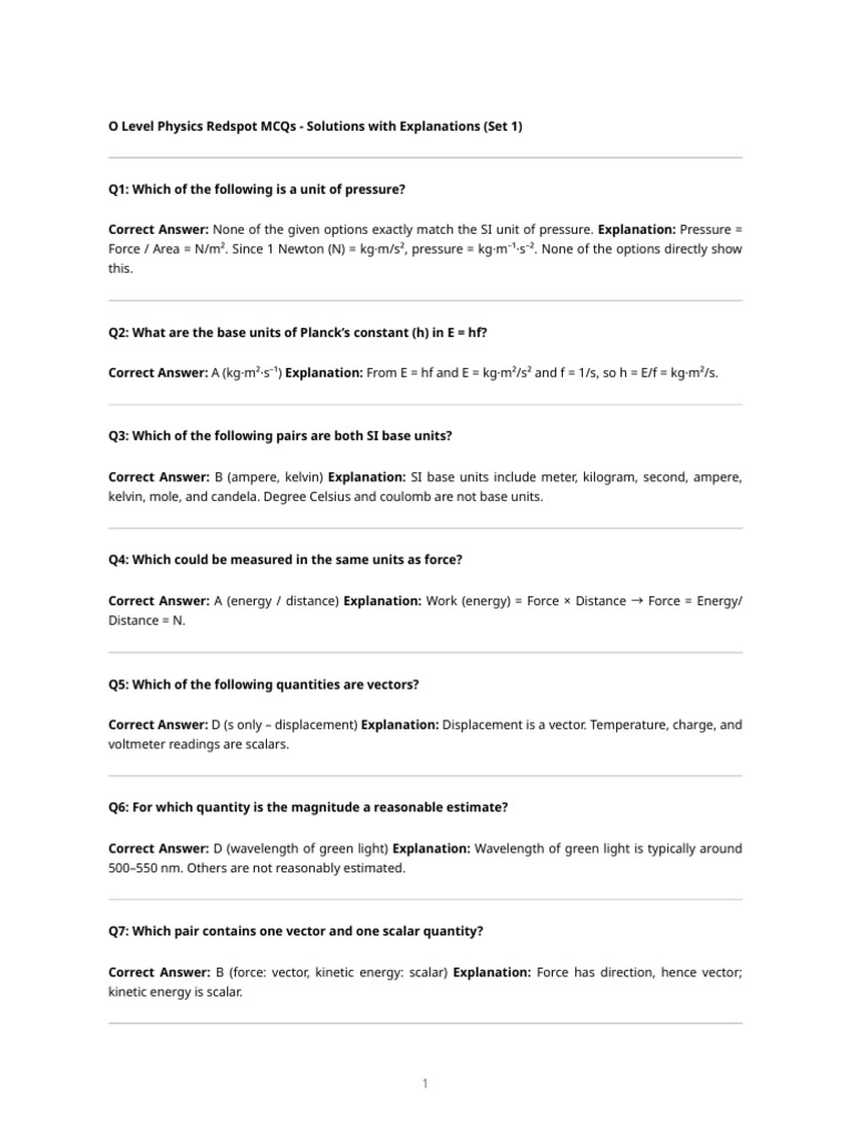 O Level Physics MCQs Solutions Set 1 | PDF