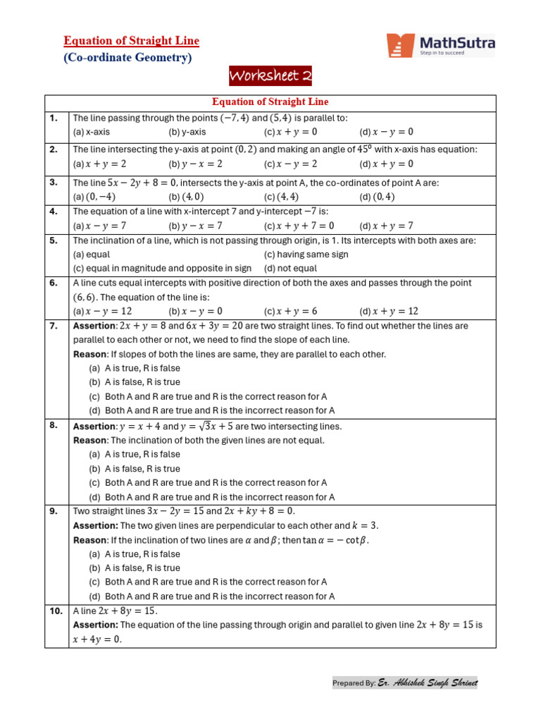 Straight Line Equation Worksheet | PDF | Line (Geometry) | Perpendicular
