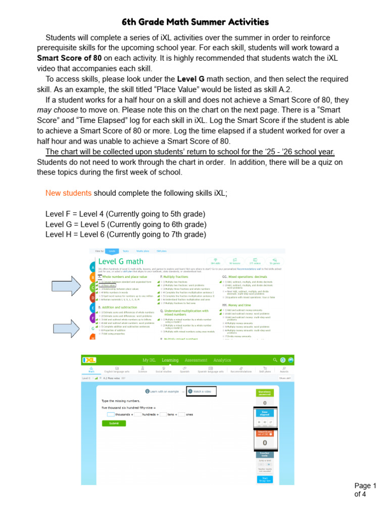6th Grade Math Summer Activities Updated 6.17.25 1 | PDF ...