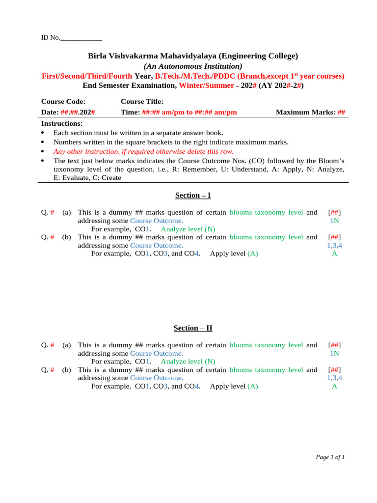 End Semester Exam Paper Format | PDF